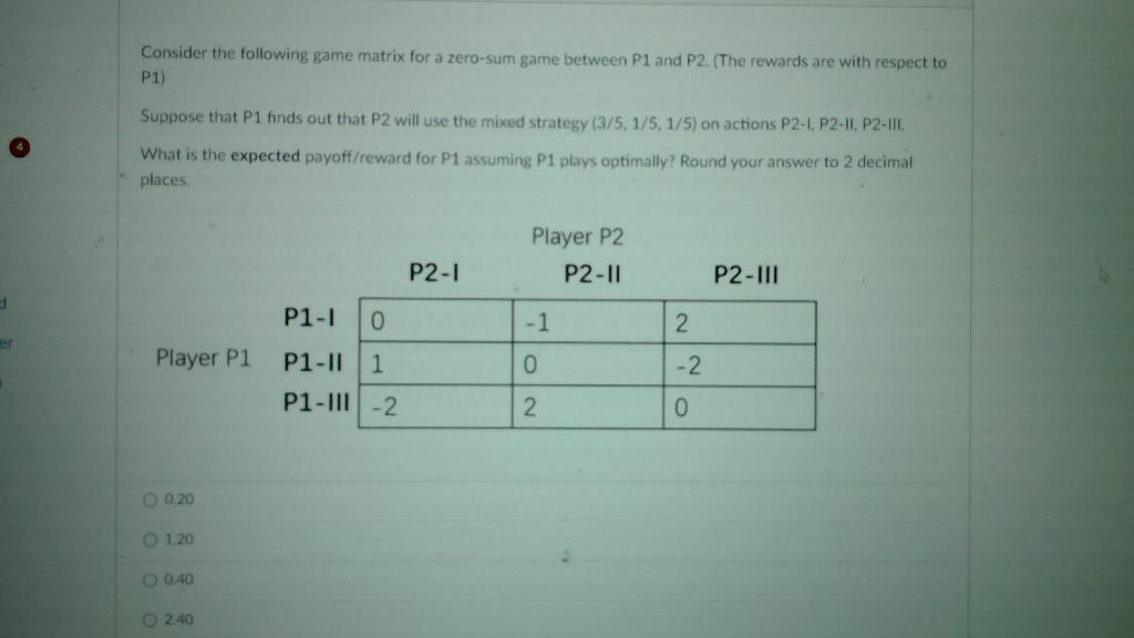 Solved Consider the following game matrix for a zero-sum | Chegg.com
