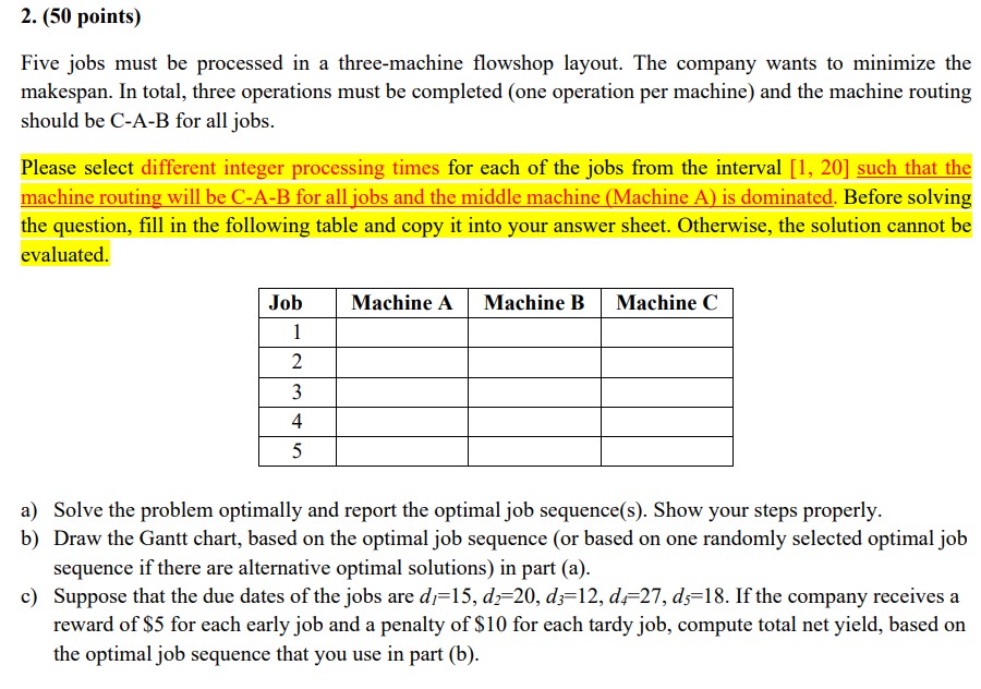 Solved Five jobs must be processed in a three-machine | Chegg.com
