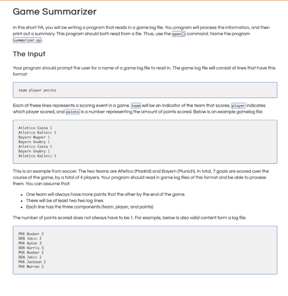 Game Summarizer In this short PA, you will be writing | Chegg.com