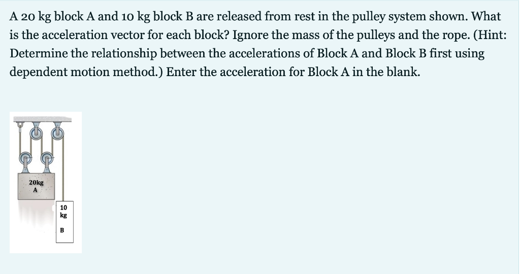Solved A 20 kg block A and 10 kg block B are released from | Chegg.com