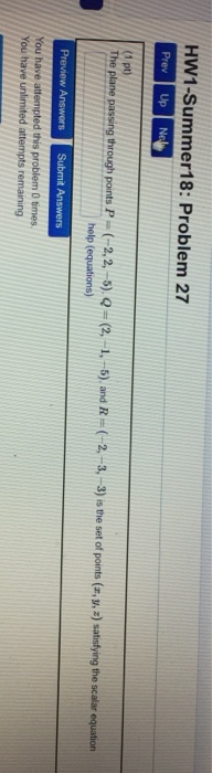 Solved HW1-Summer18: Problem 27 Prev Up Ne (1 pt) P- | Chegg.com