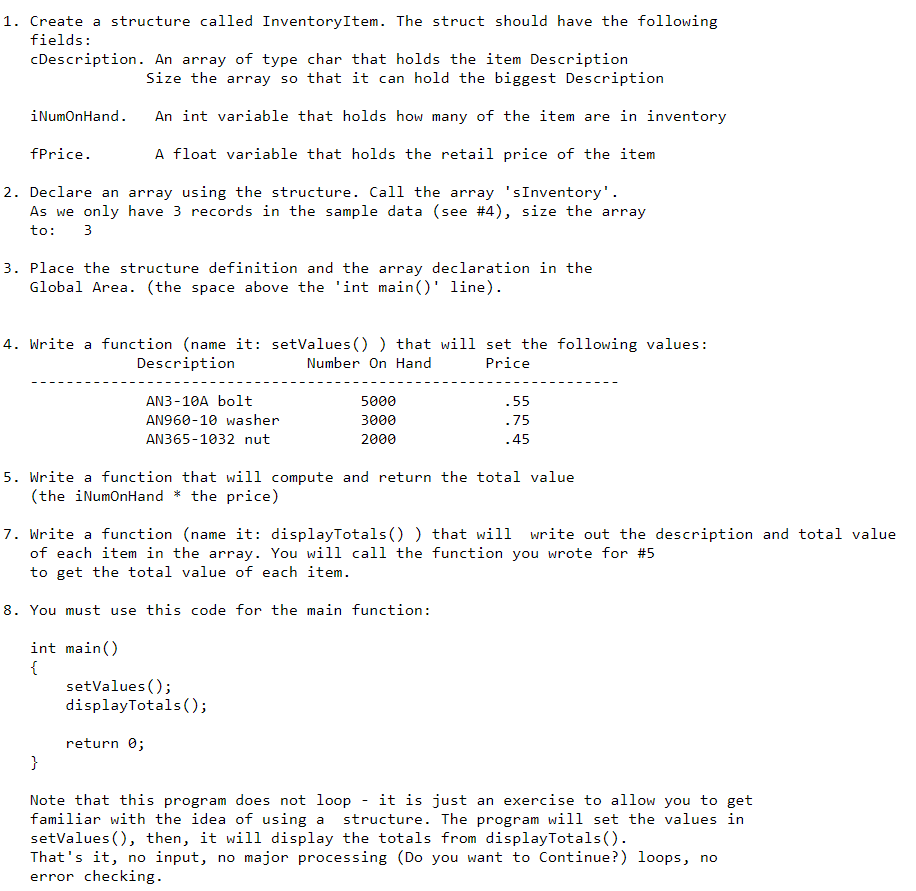 Solved 1. Create a structure called InventoryItem. The | Chegg.com