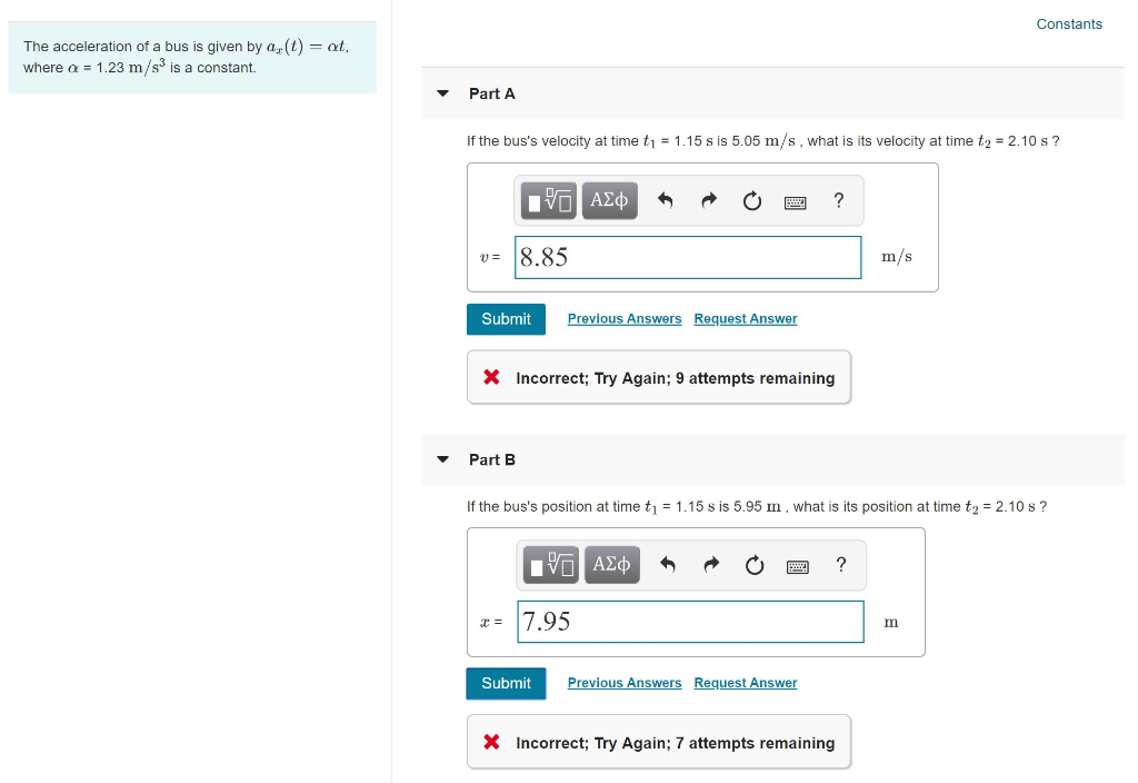 Solved Constants The acceleration of a bus is given by a(t) | Chegg.com