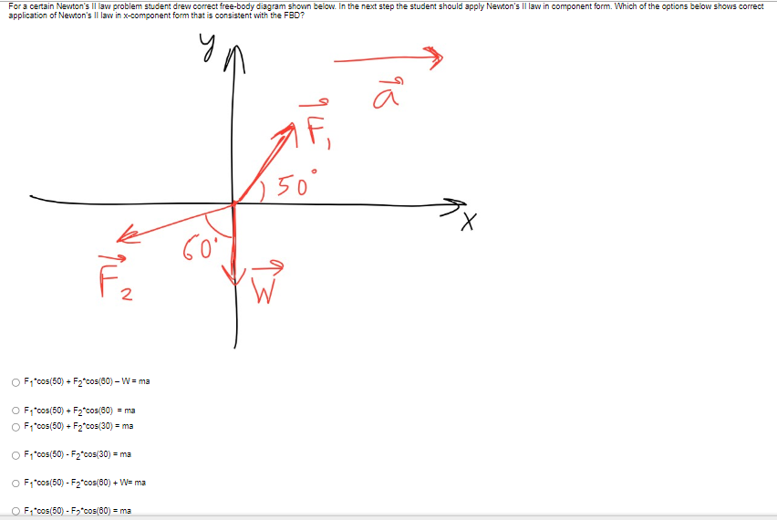 Solved F1∗cos(50)+F2∗cos(60)−W=maF1∗cos(50)+F2∗cos(60)=maF1∗ | Chegg.com