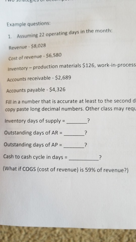 Solved Example questions: 1. Assuming 22 operating days in | Chegg.com