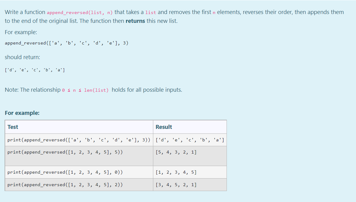 Solved Write a function append_reversed(list, n) that takes | Chegg.com