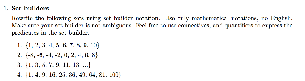 Solved 1. Set builders Rewrite the following sets using set | Chegg.com