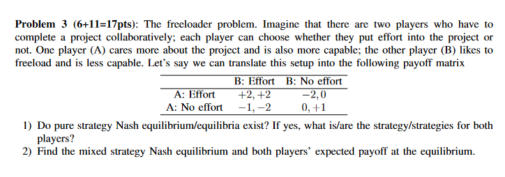 Solved Problem 3 (6+11=17pts): The freeloader problem. | Chegg.com