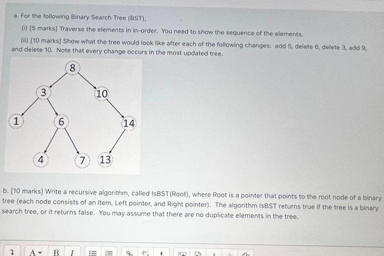 a. For the following Binary Search Tree (BST), (i) [5 | Chegg.com