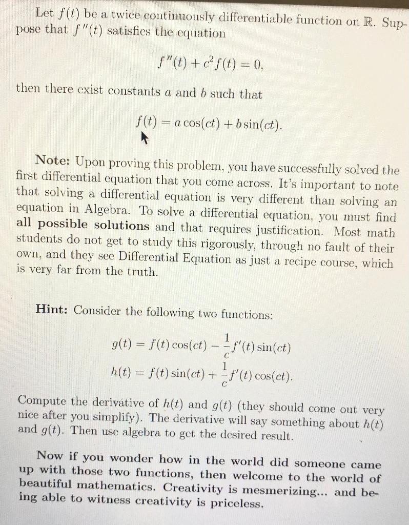 Solved Let f(t) be a twice contimuously differentiable | Chegg.com