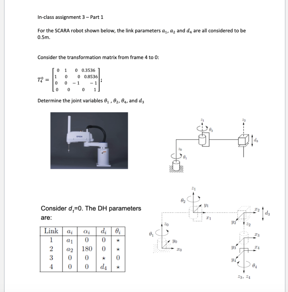 Solved In-class assignment 3 - Part 1 For the SCARA robot | Chegg.com