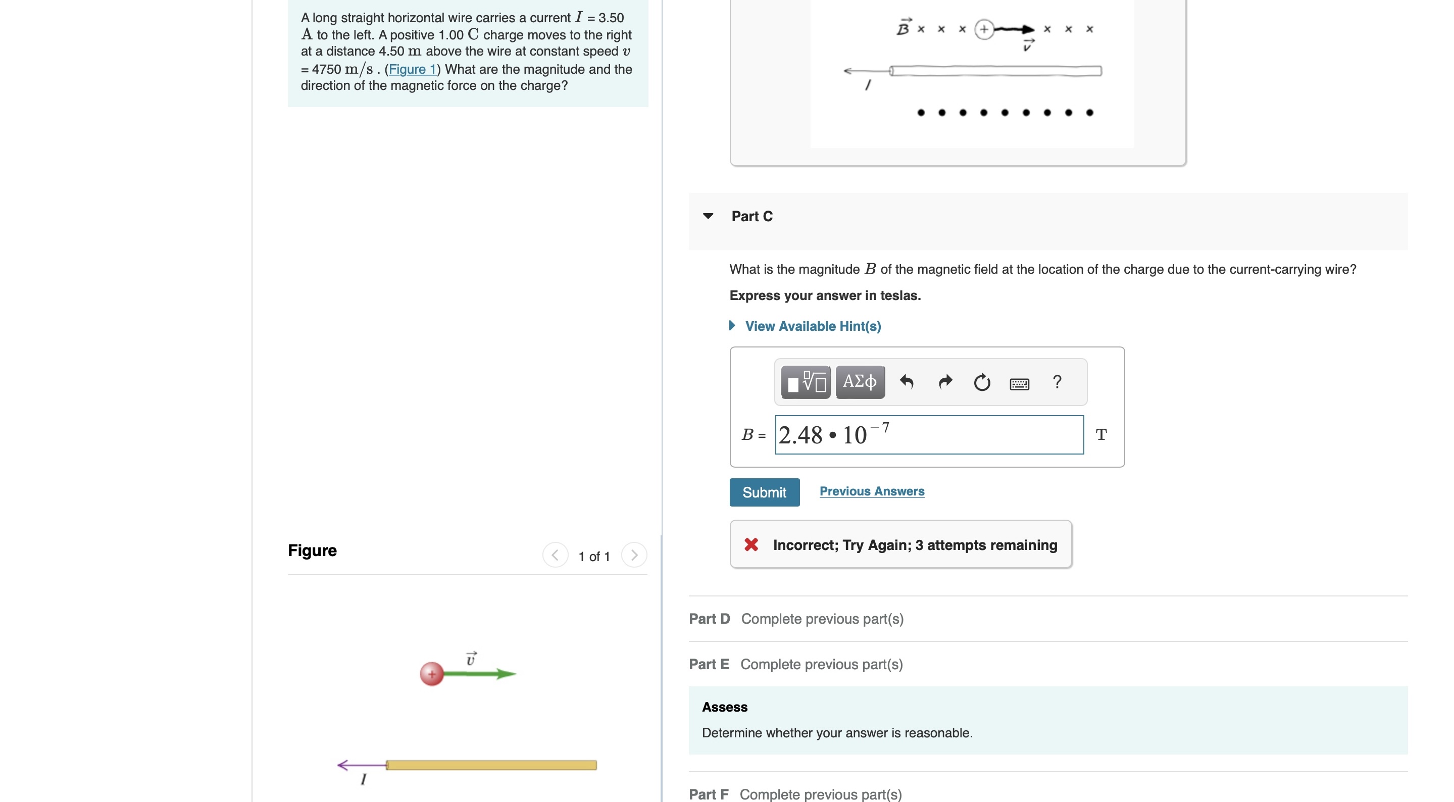 Solved A long straight horizontal wire carries a current | Chegg.com