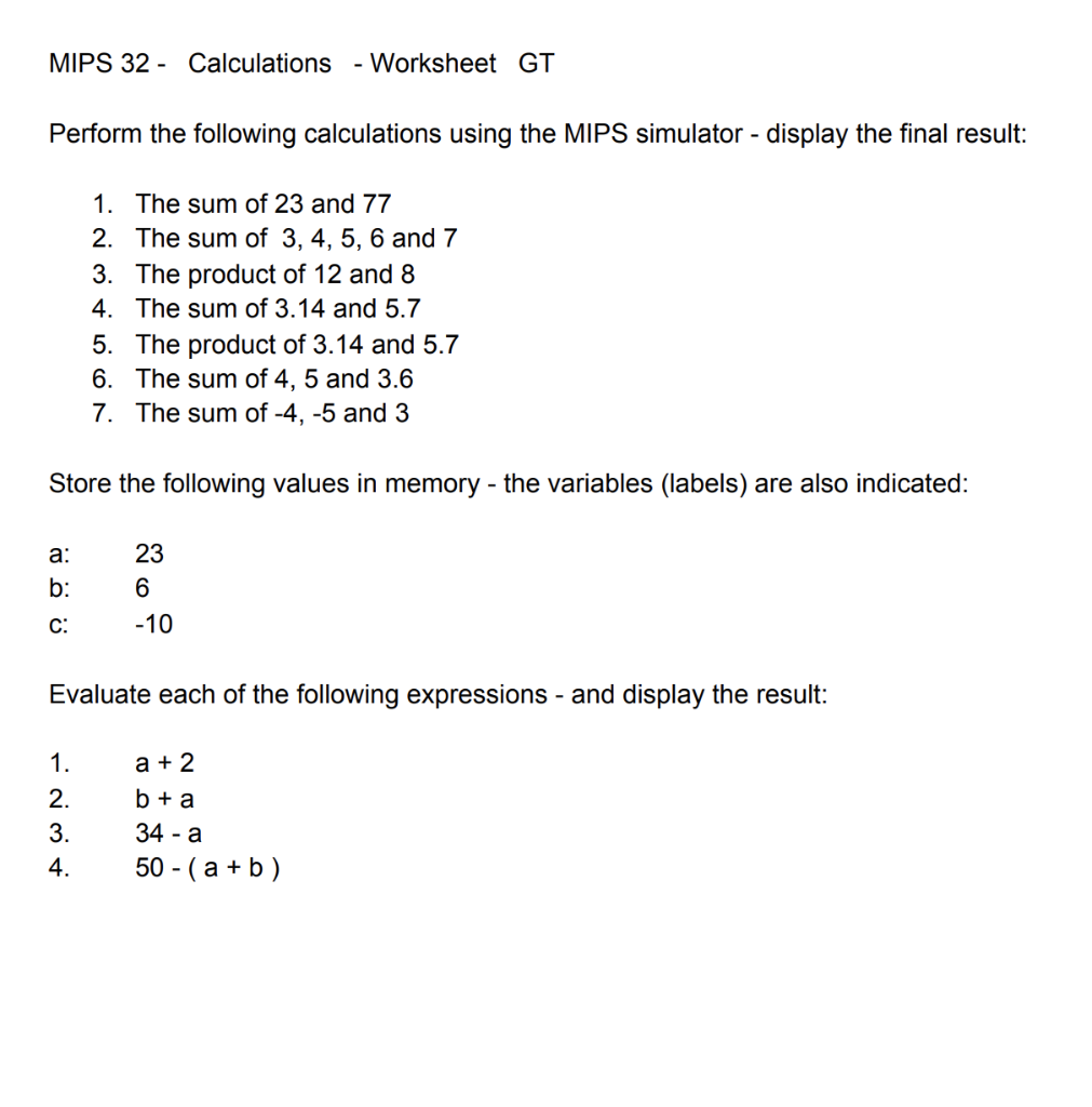 MIPS 32 - Calculations Worksheet GT Perform the | Chegg.com