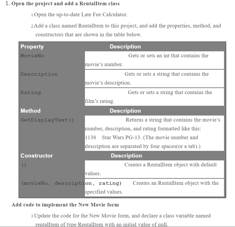 1. Open the project and add a RentalItem class 1. | Chegg.com