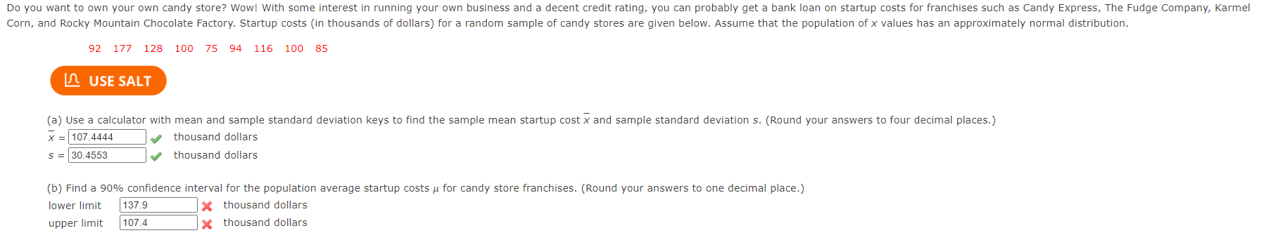 Solved 92177128100759411610085 xˉ s= thousand dollars (b) | Chegg.com