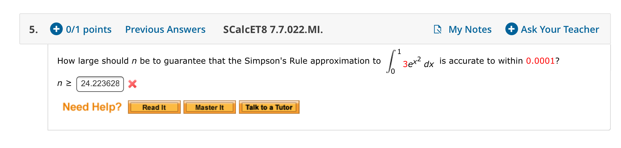 Solved 5. + 0/1 points Previous Answers CalcET8 7.7.022.MI. | Chegg.com