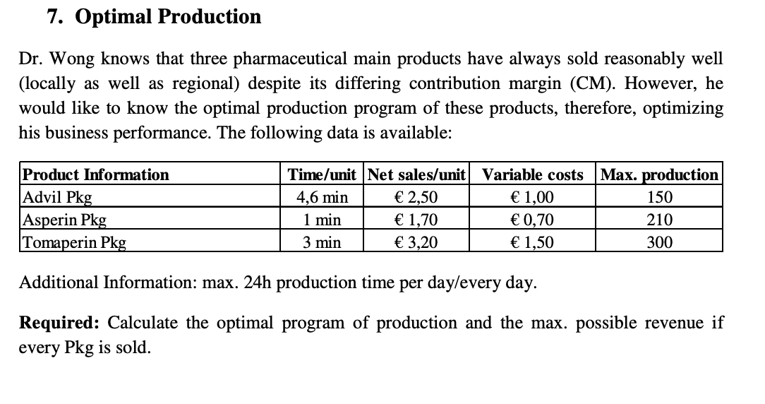Solved 7. Optimal Production Dr. Wong knows that three | Chegg.com