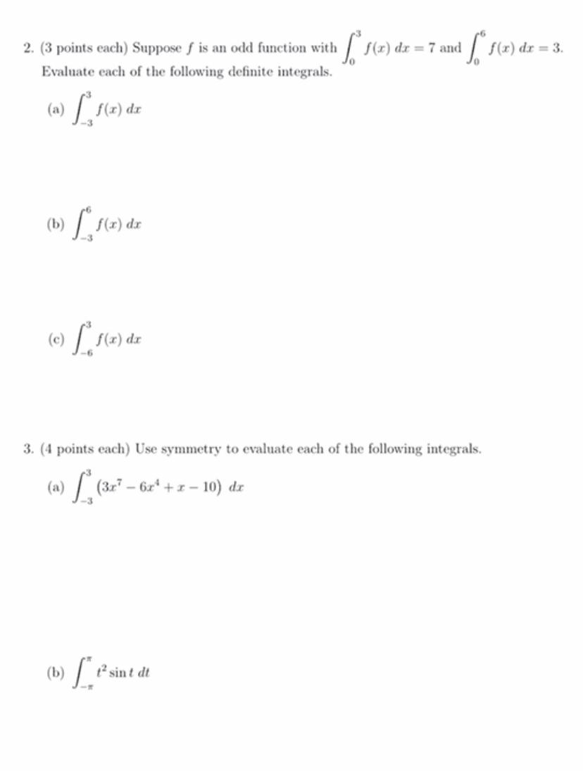 Solved 2. (3 points each) Suppose f is an odd function with | Chegg.com