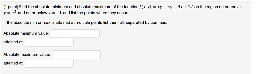 Solved (1 point) Find the absolute minimum and absolute | Chegg.com