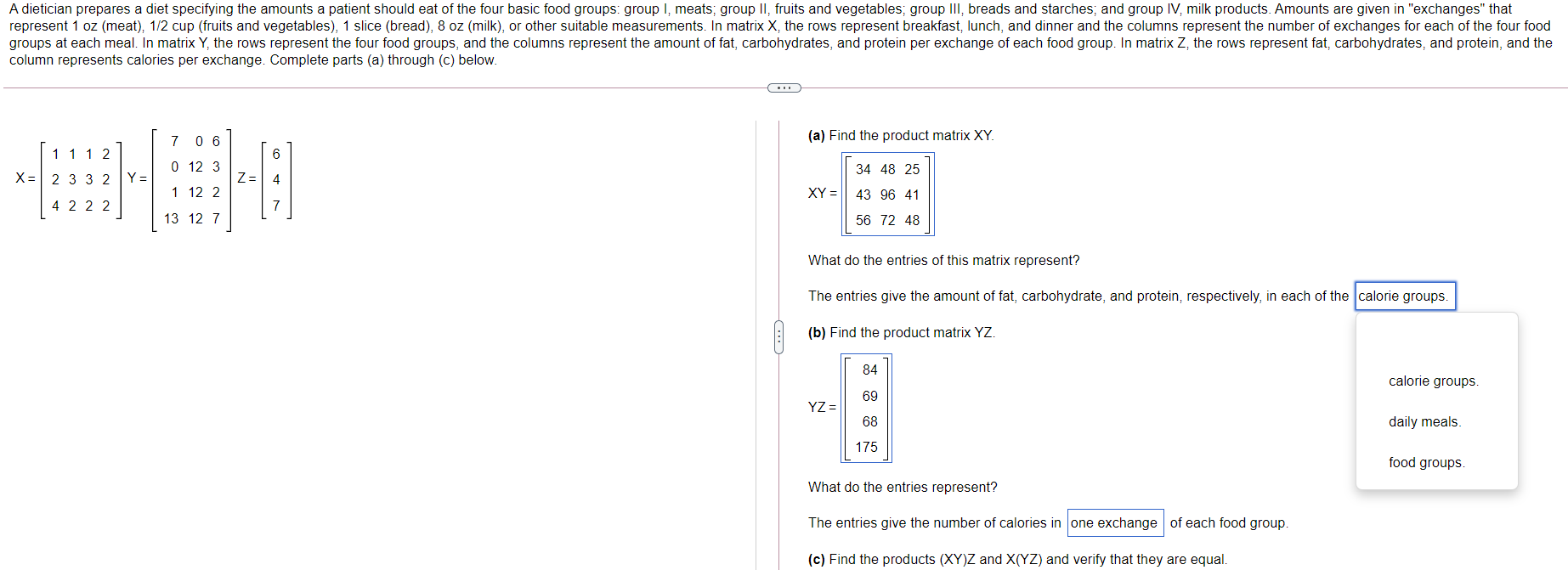 Solved A dietician prepares a diet specifying the amounts a | Chegg.com