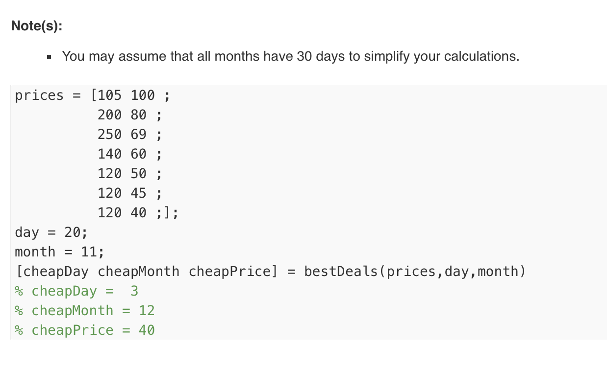 Function: bestDeals Input(s): - (double) 7×M array of | Chegg.com