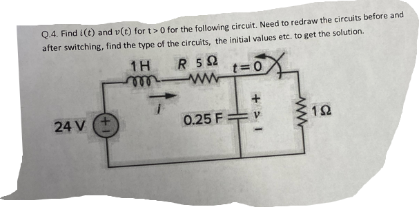 Solved Q.4. Find i(t) and v(t) for t>0 for the following | Chegg.com