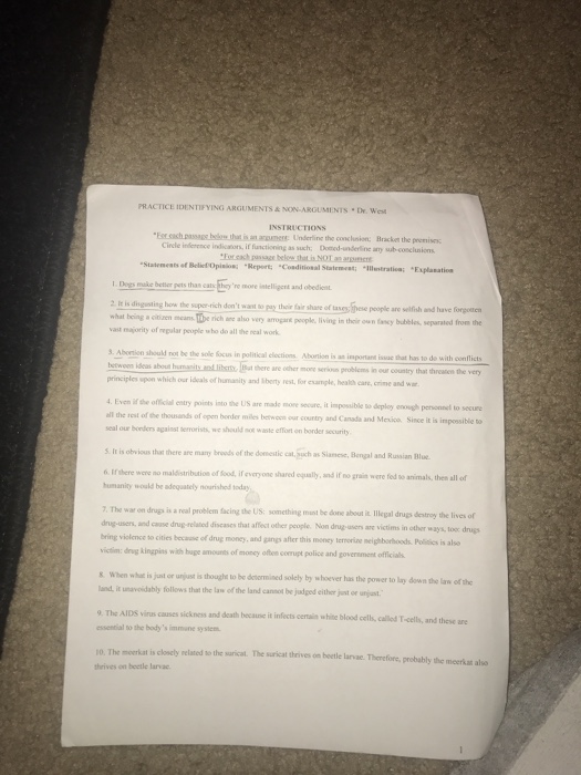 PRACTICE IDENTIFYING ARGUMENTS & NON ARGUMENTs Dv. | Chegg.com