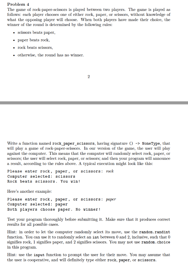 Solved Problem 4 The game of rock-paper-scissors is played | Chegg.com