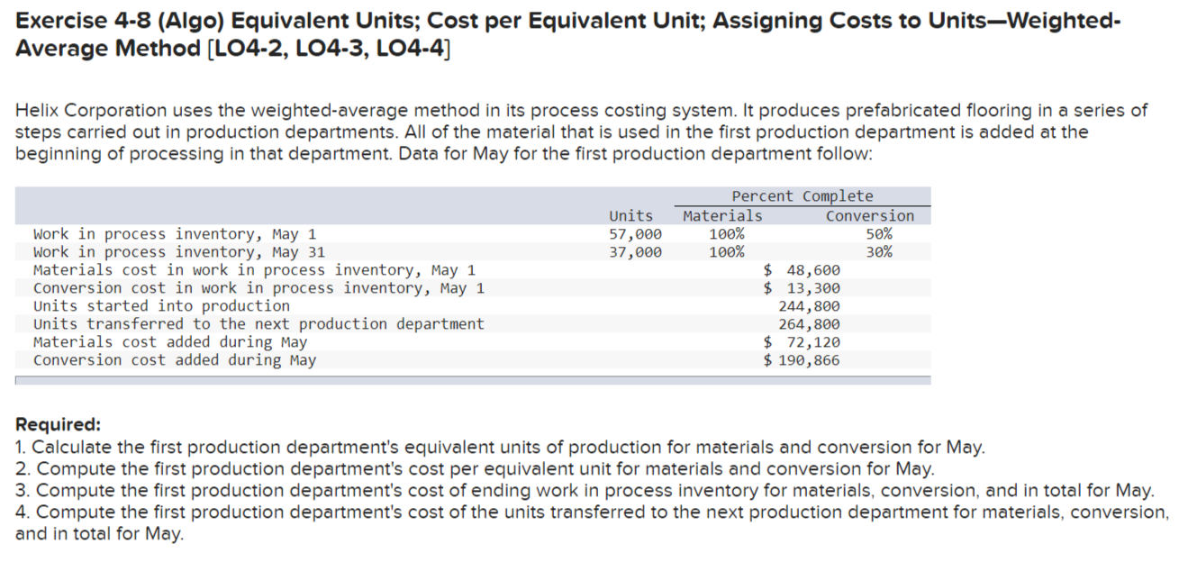 Solved Exercise 4-8 (Algo) Equivalent Units; Cost per | Chegg.com