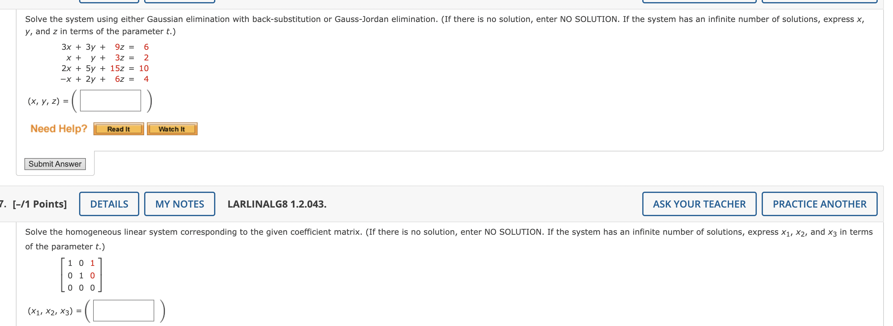 Solved y, ﻿and z ﻿in terms of the parameter t.)Need Help? | Chegg.com