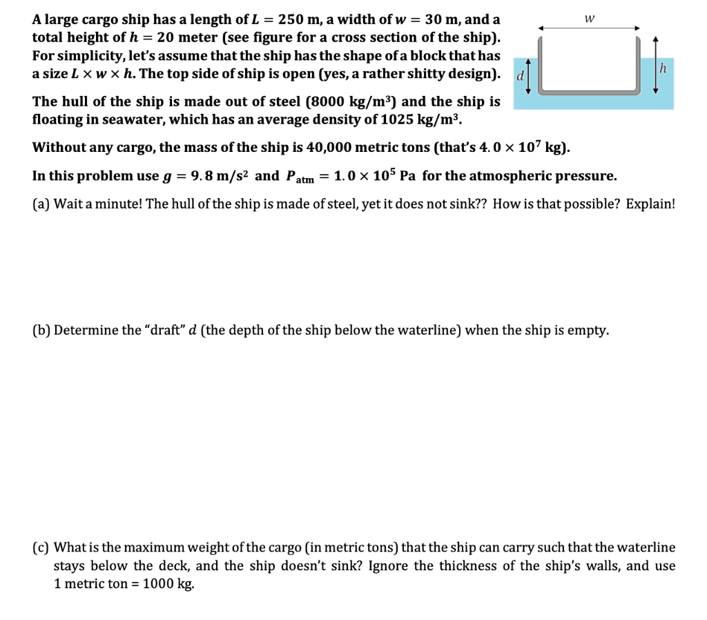 Solved W A large cargo ship has a length of L = 250 m, a | Chegg.com