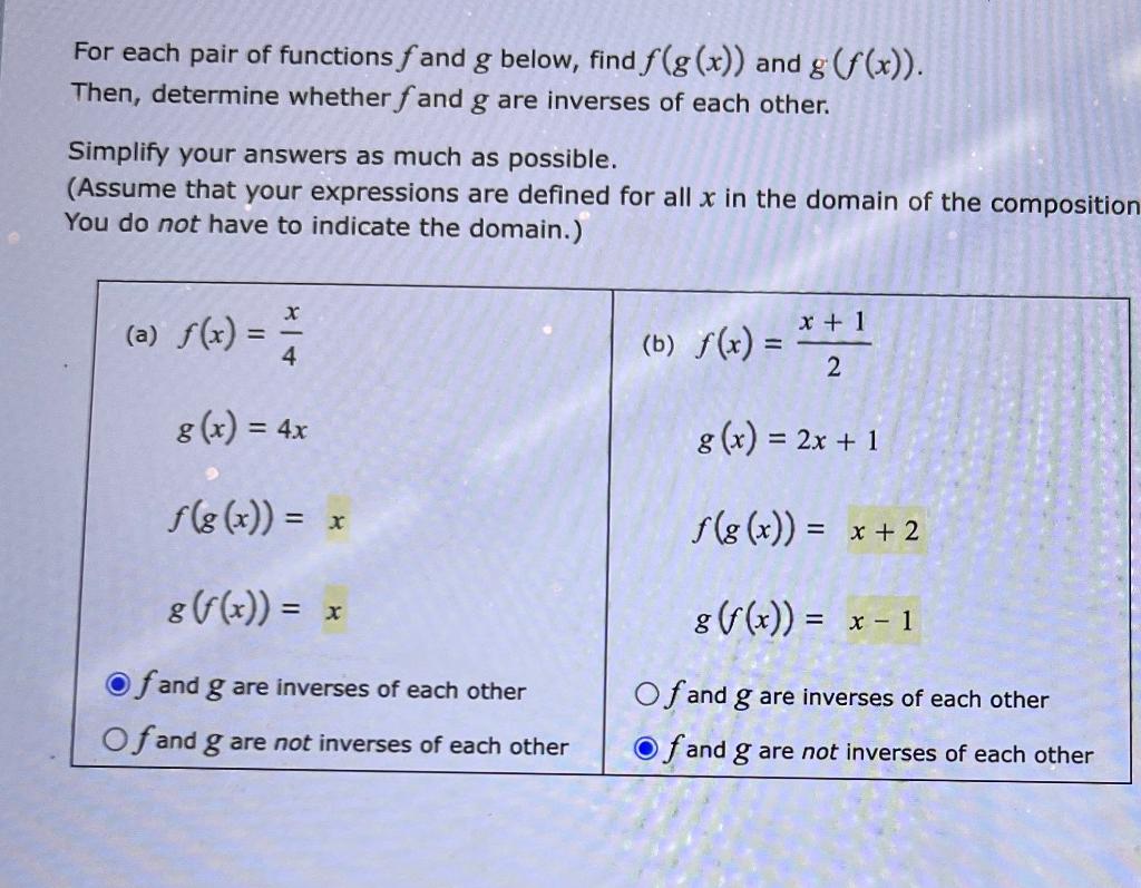 Solved For each pair of functions f and g below, find | Chegg.com