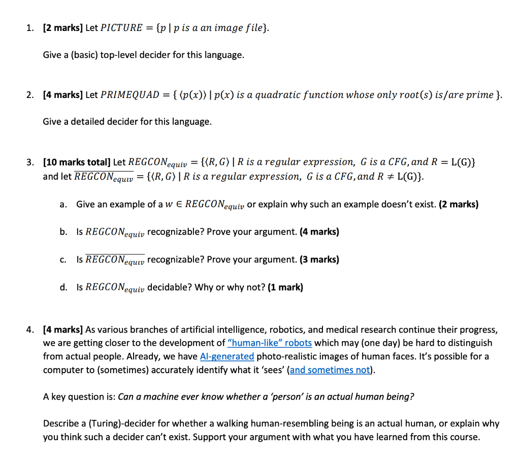 Solved 1. [2 marks] Let PICTURE = {plp is a an image file}. | Chegg.com