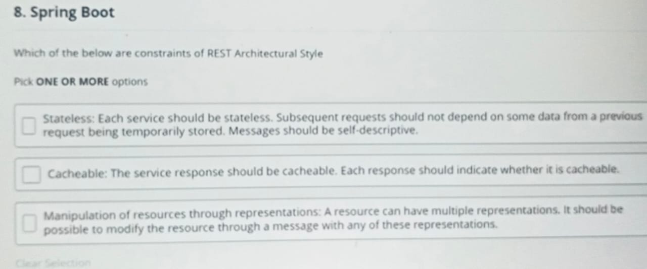 Solved Spring BootWhich of the below are constraints of REST | Chegg.com