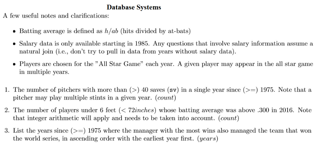 PART 1/3 Use the following Schema for a Baseball | Chegg.com