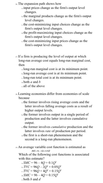 Solved u The expansion path shows how input prices change as | Chegg.com