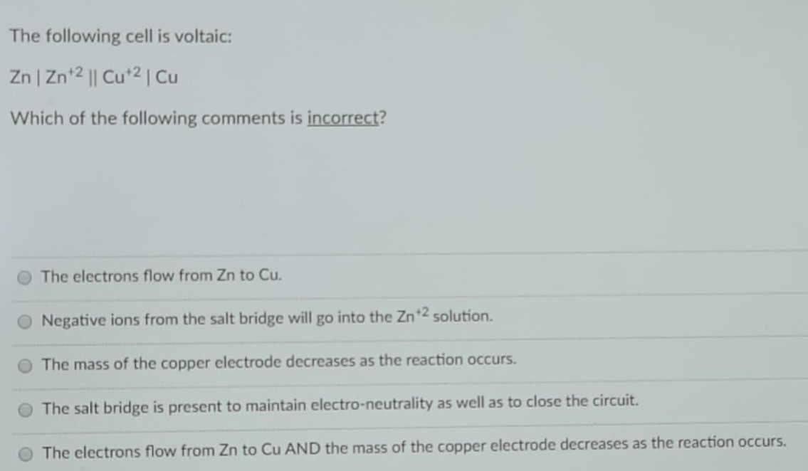 Solved The following cell is voltaic: ZnZn 2 || Cu 2 | Cu | Chegg.com