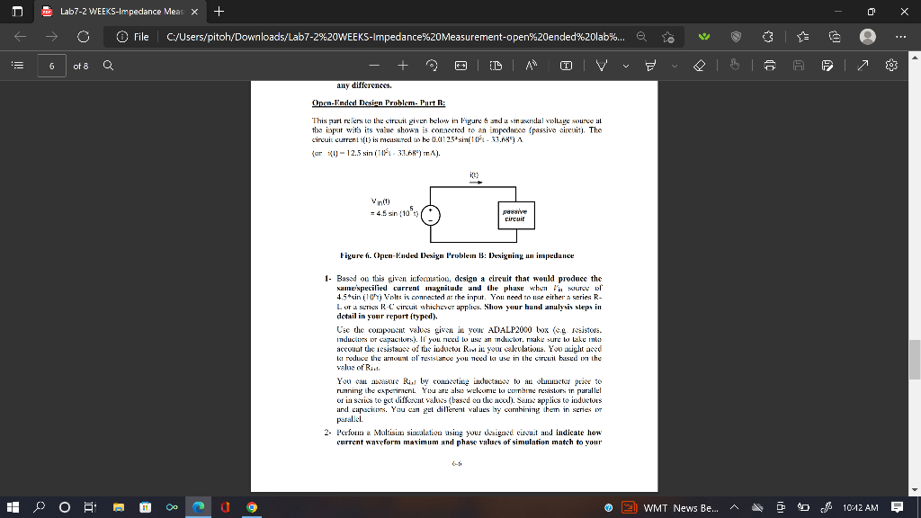 D AH For Lab7-2 WEEKS-Impedance Measi X + O Ⓒ File 6 | Chegg.com