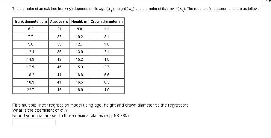 Solved The diameter of an oak tree trunk (y) depends on its | Chegg.com