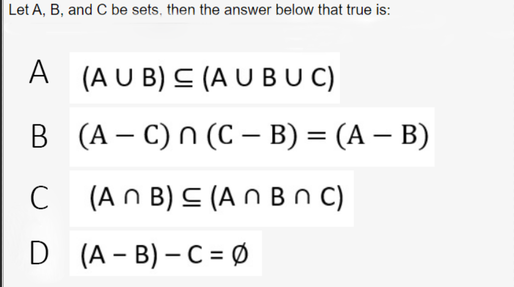Solved Let A, B, and C be sets, then the answer below that | Chegg.com