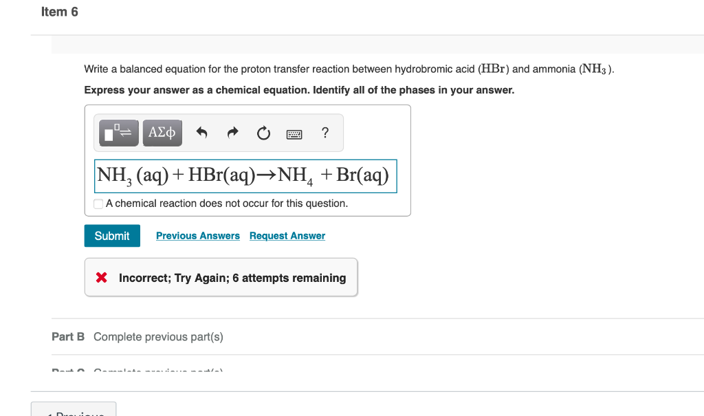 Solved Write a balanced equation for the proton transfer | Chegg.com