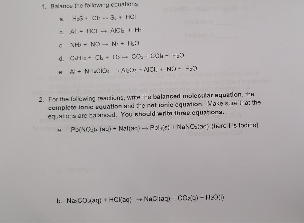 Solved 1.balance the following equations 2. for the | Chegg.com