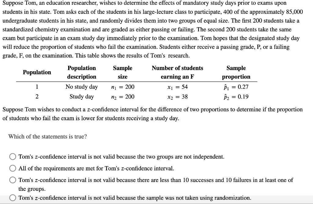 Solved Suppose Tom, an education researcher, wishes to | Chegg.com