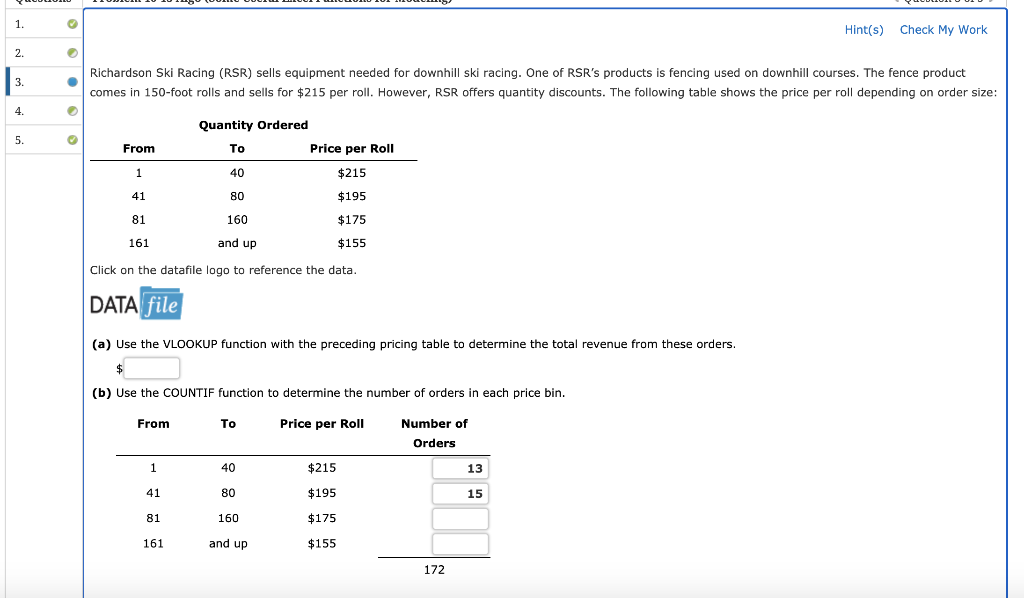 1. Hint(s) Check My Work 2. 3. Richardson Ski Racing | Chegg.com