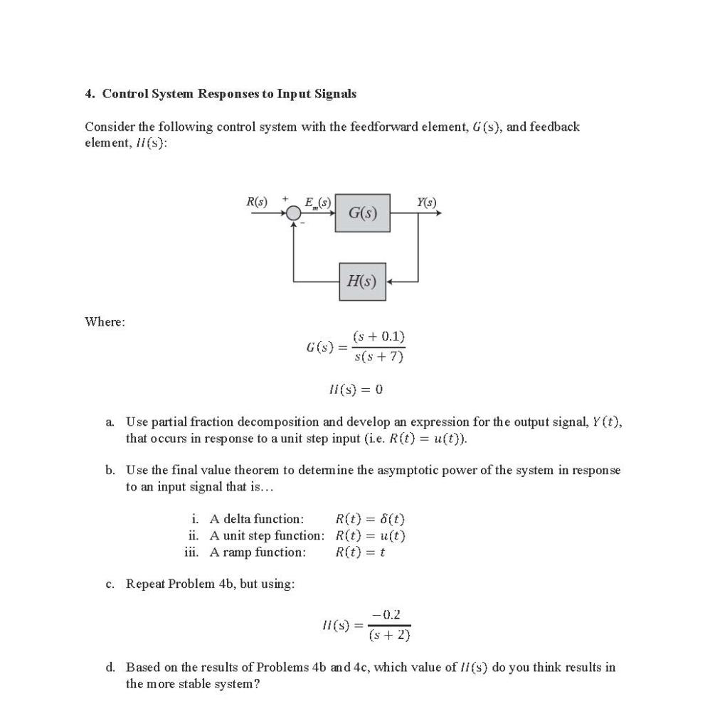 Solved 4. Control System Responses to Input Signals Consider | Chegg.com