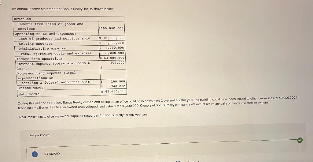 Solved An annual Income statement for Bonus Realty, Inc. is | Chegg.com