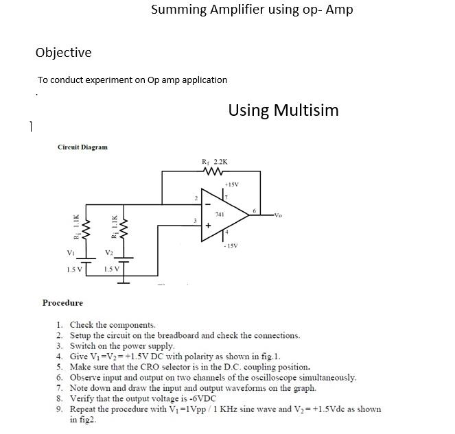 Solved Summing Amplifier using op- Amp Dbjective To conduct | Chegg.com