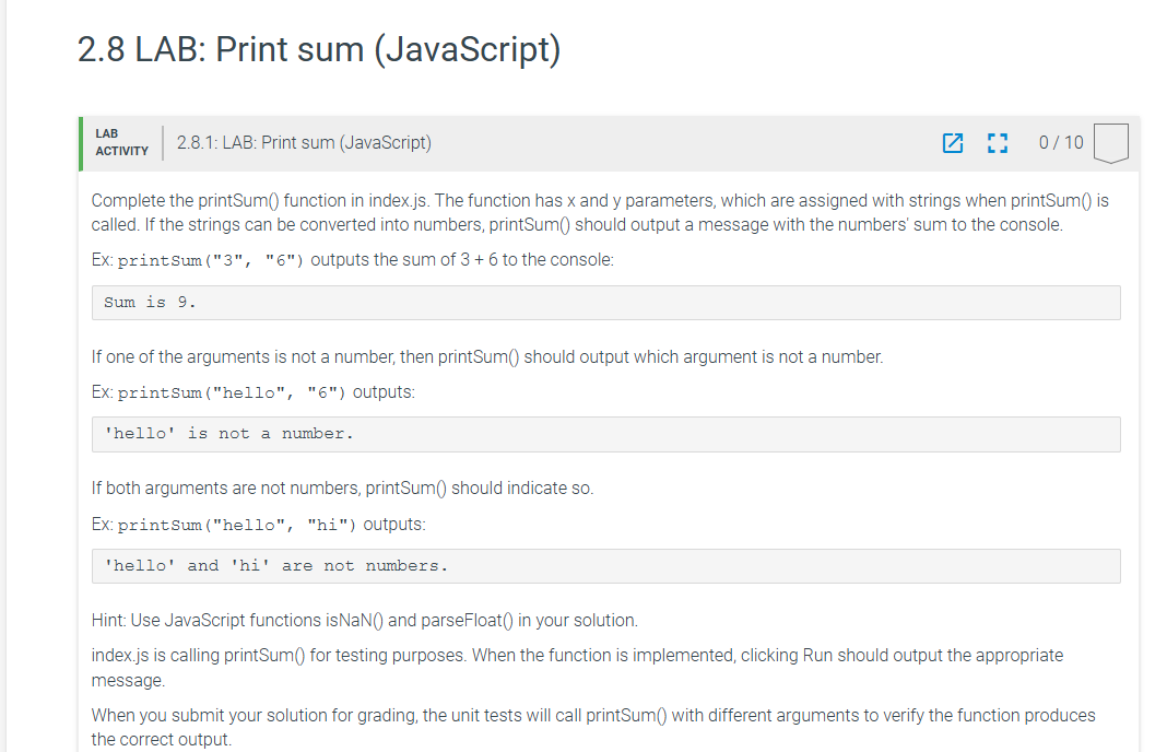 Solved 2.8 ﻿LAB: Print sum (JavaScript)Complete the | Chegg.com