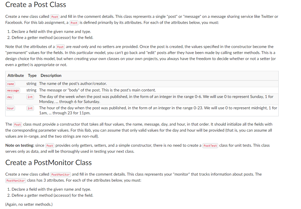 Solved Create a Post Class Create a new class called Post | Chegg.com