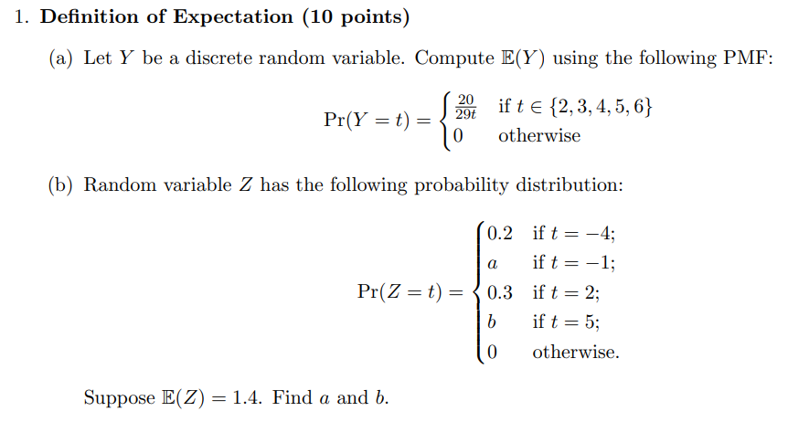 Solved 1. Definition of Expectation (10 points) (a) Let Y be | Chegg.com